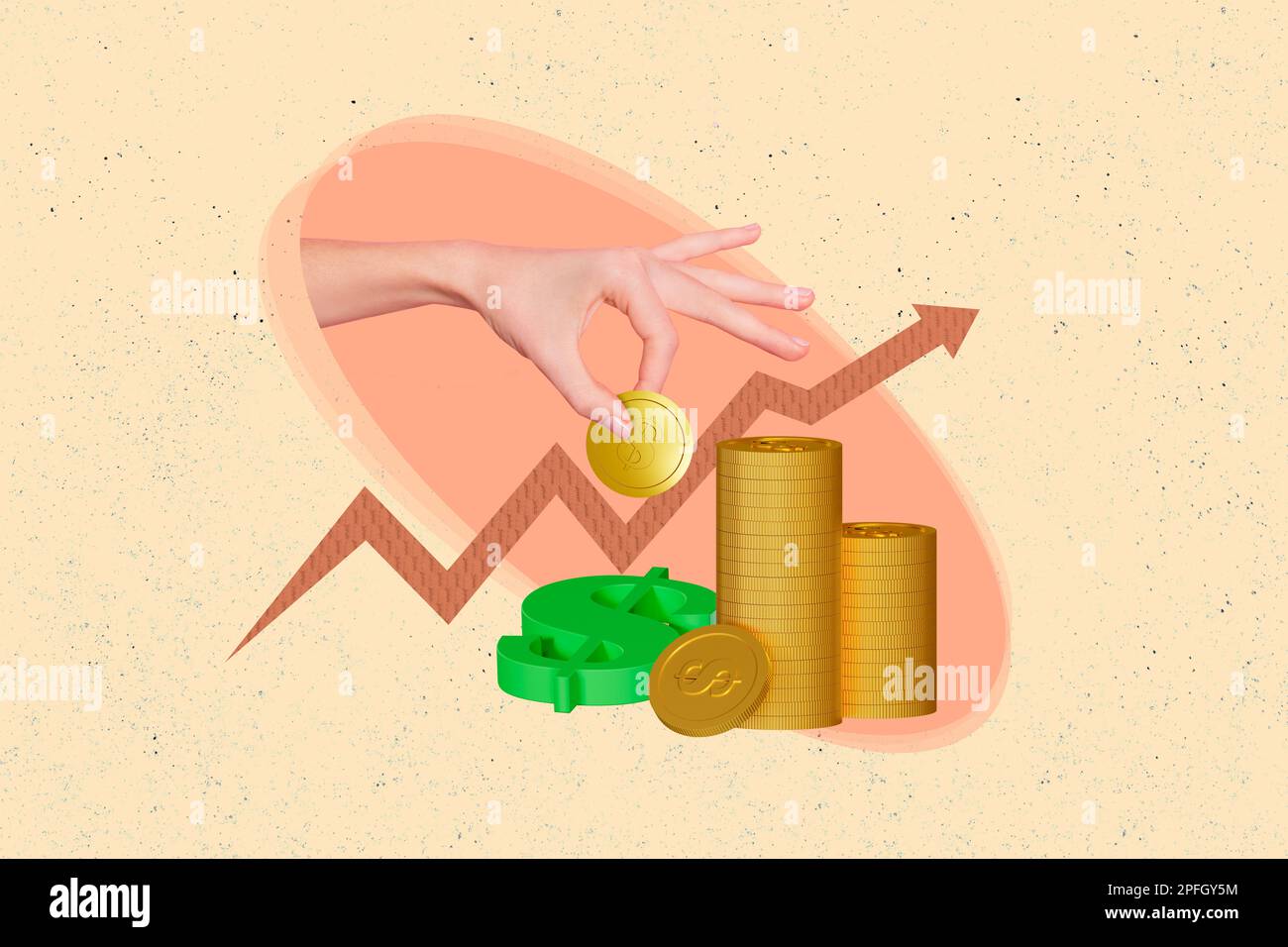 Creative template minimal collage photo of hand holding coin savings ...
