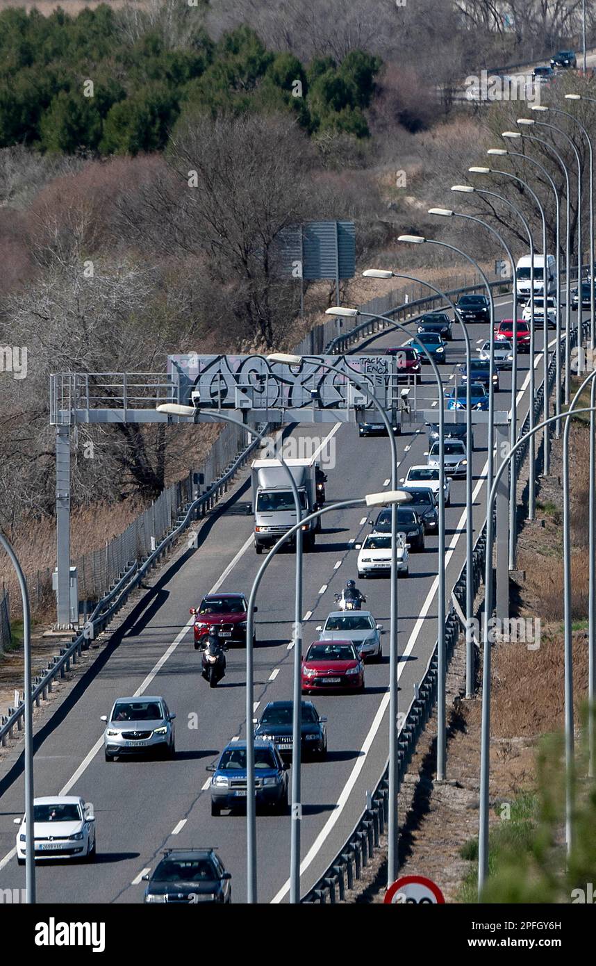 Traffic jam on the A3 highway, on March 17, 2023, in Madrid (Spain ...