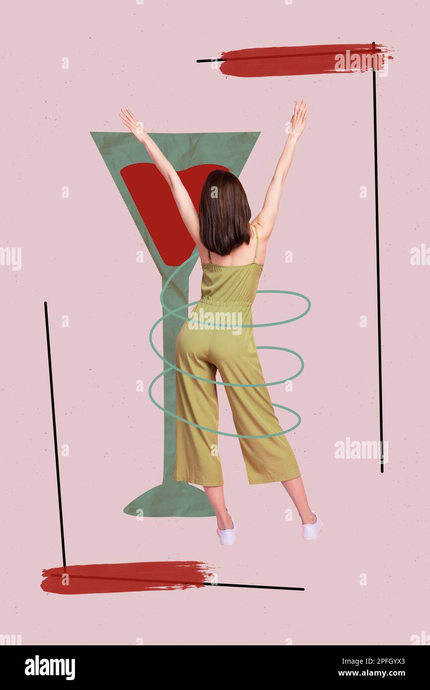 Vertical collage image of mini overjoyed girl raise hands big cocktail ...