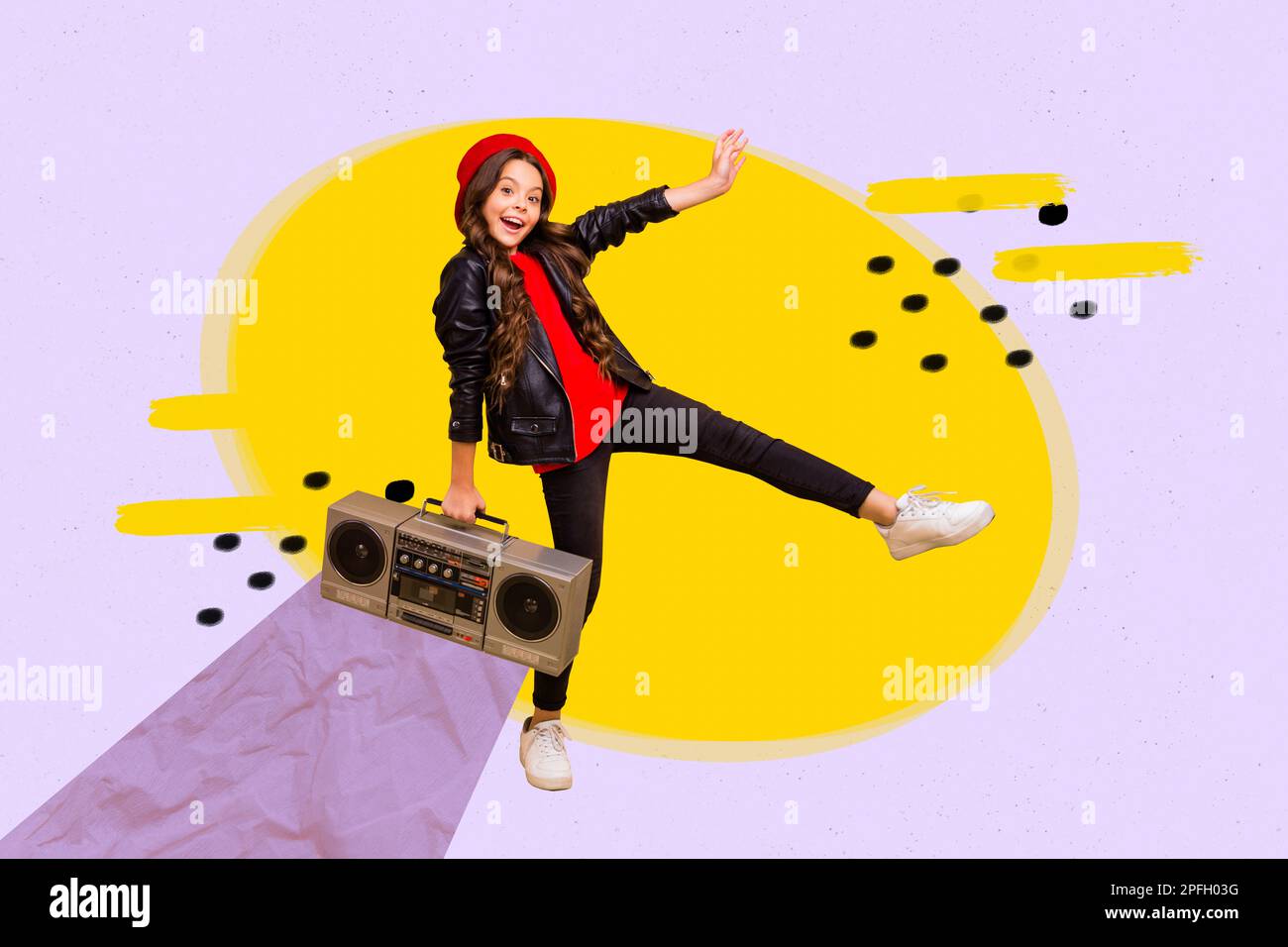 Photo collage of young little schoolgirl dj overjoyed listen music have ...