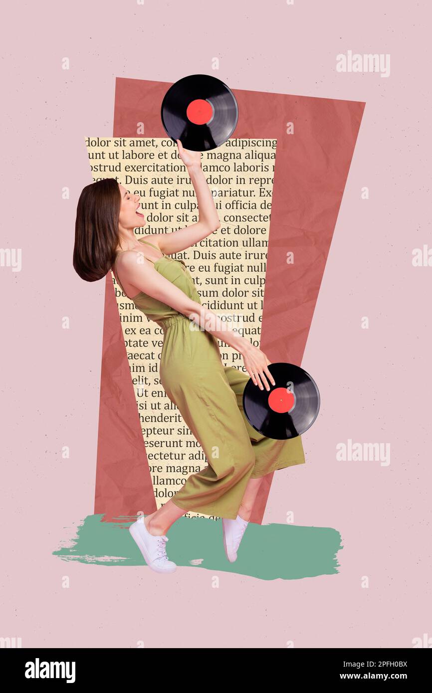 Vertical collage picture of cheerful carefree mini girl dancing hands ...
