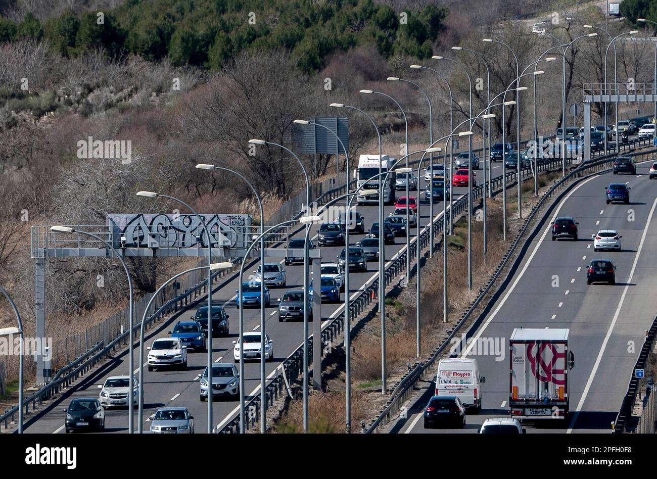Traffic jam on the A3 highway, on March 17, 2023, in Madrid (Spain ...