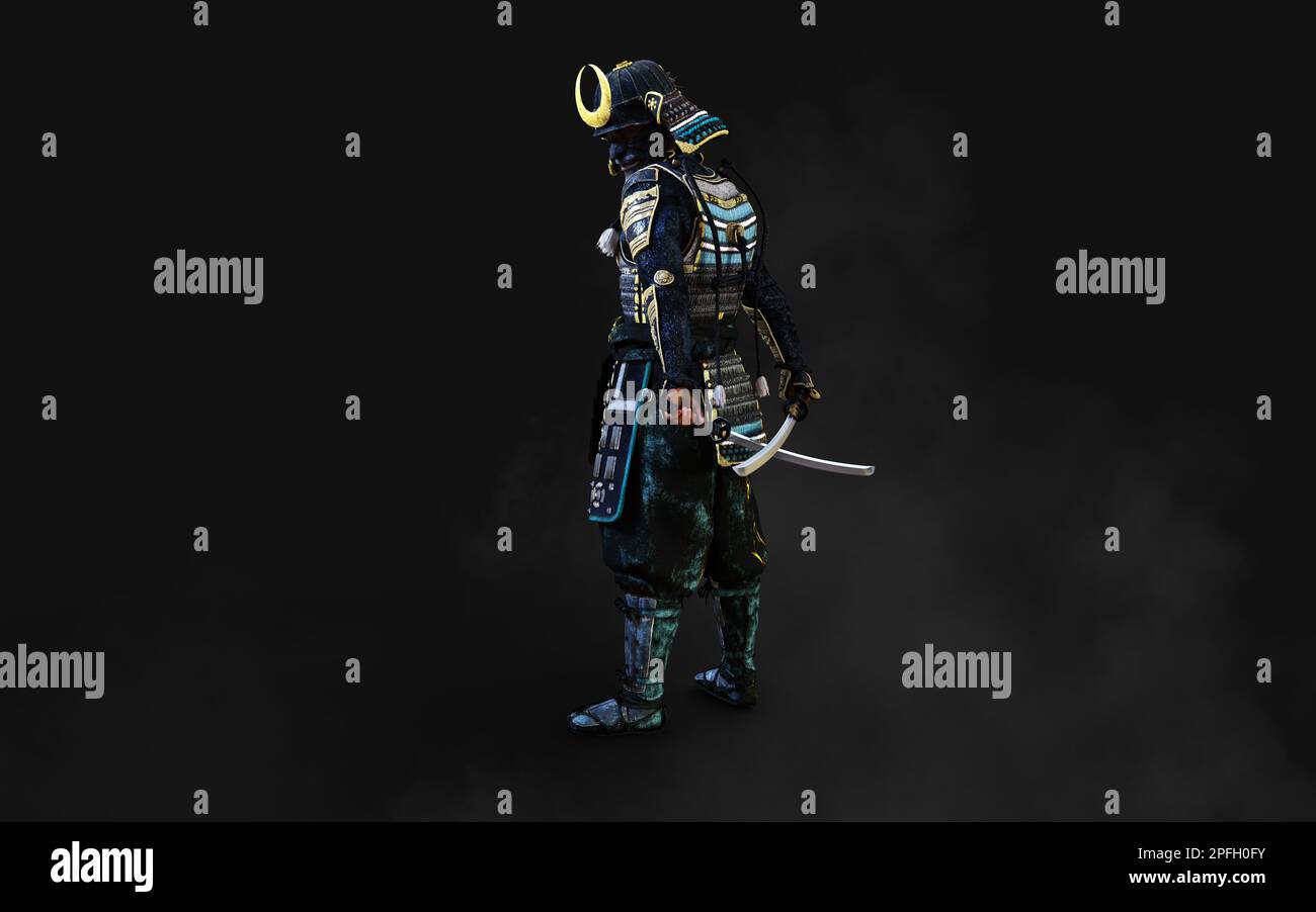 3d Illustration of a samurai wearing blue and green armor holding a ...