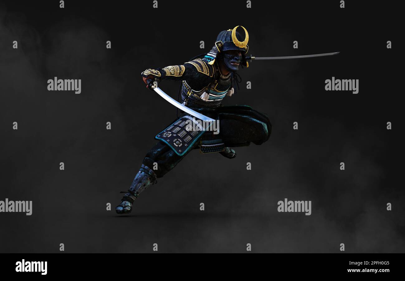 3d Illustration of a samurai wearing blue and green armor holding a ...