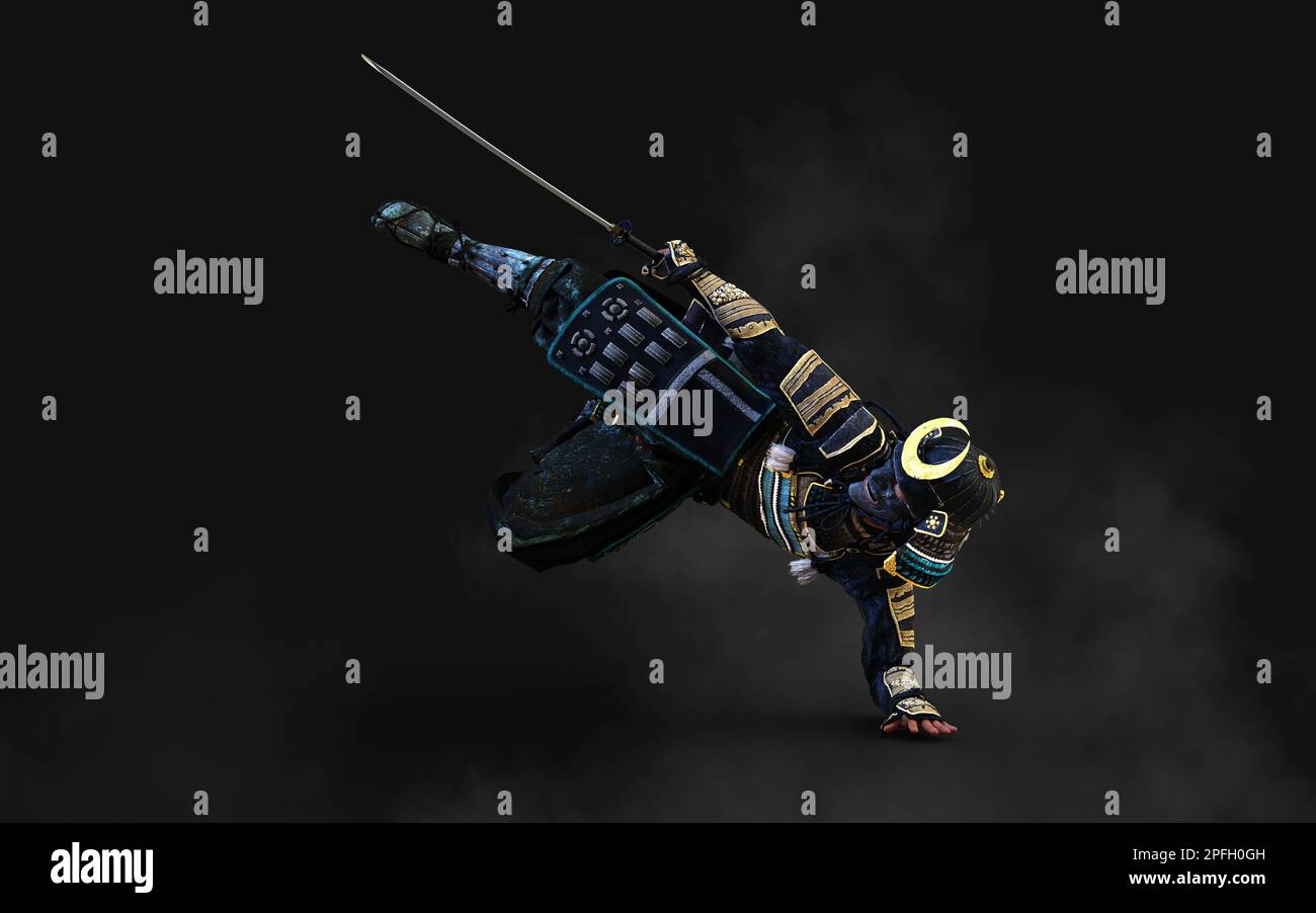 3d Illustration of a samurai wearing blue and green armor holding a ...