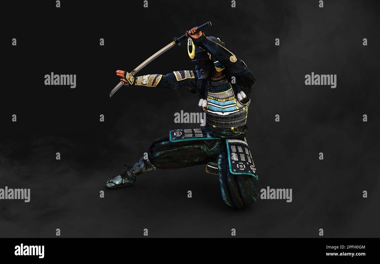 3d Illustration of a samurai wearing blue and green armor holding a ...