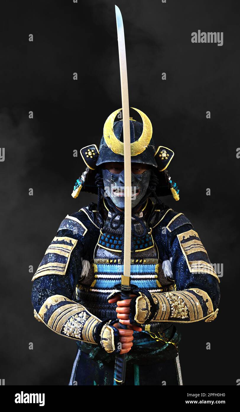 3d Illustration of a samurai wearing blue and green armor holding a ...