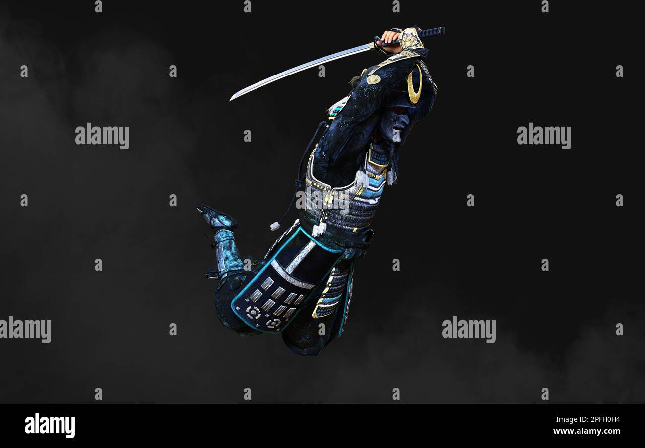 3d Illustration of a samurai wearing blue and green armor holding a ...