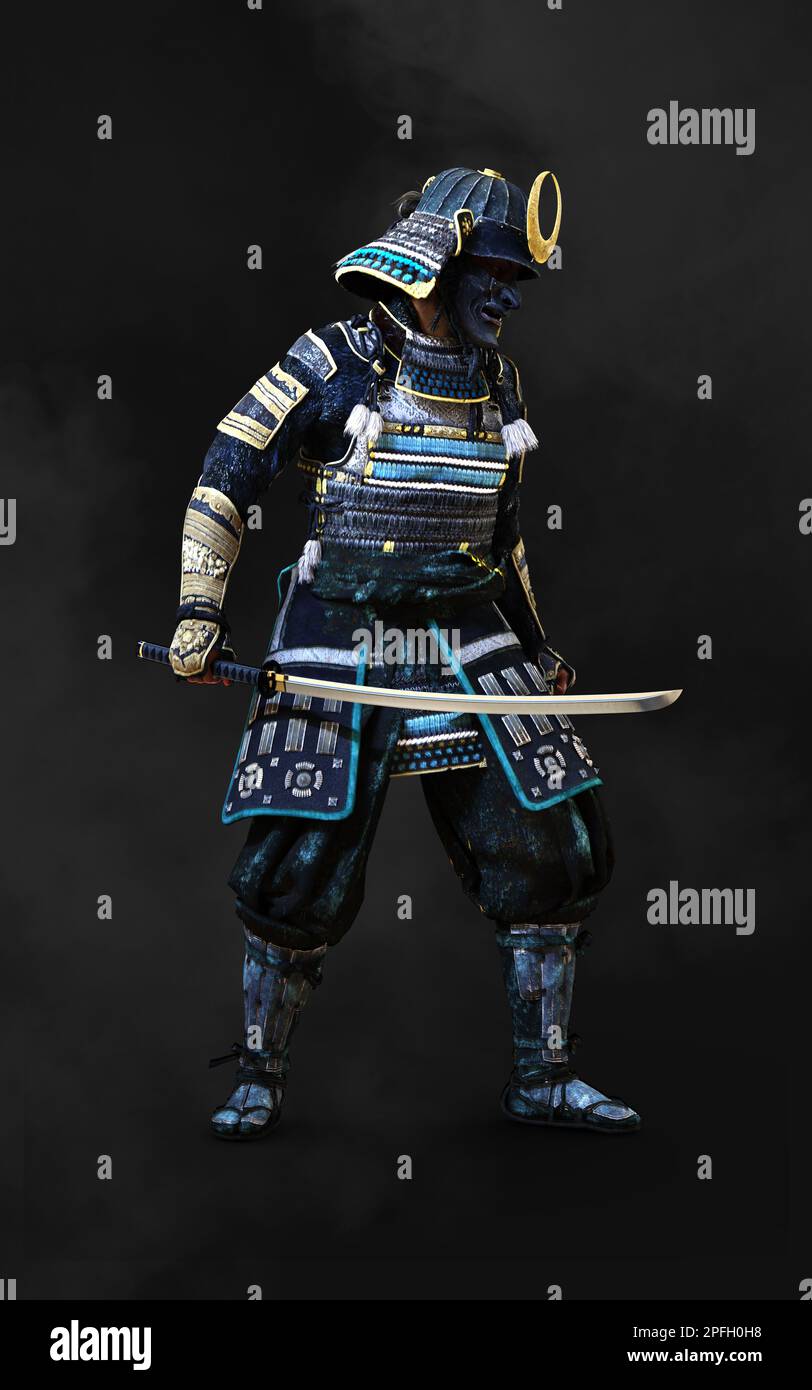 3d Illustration of a samurai wearing blue and green armor holding a ...