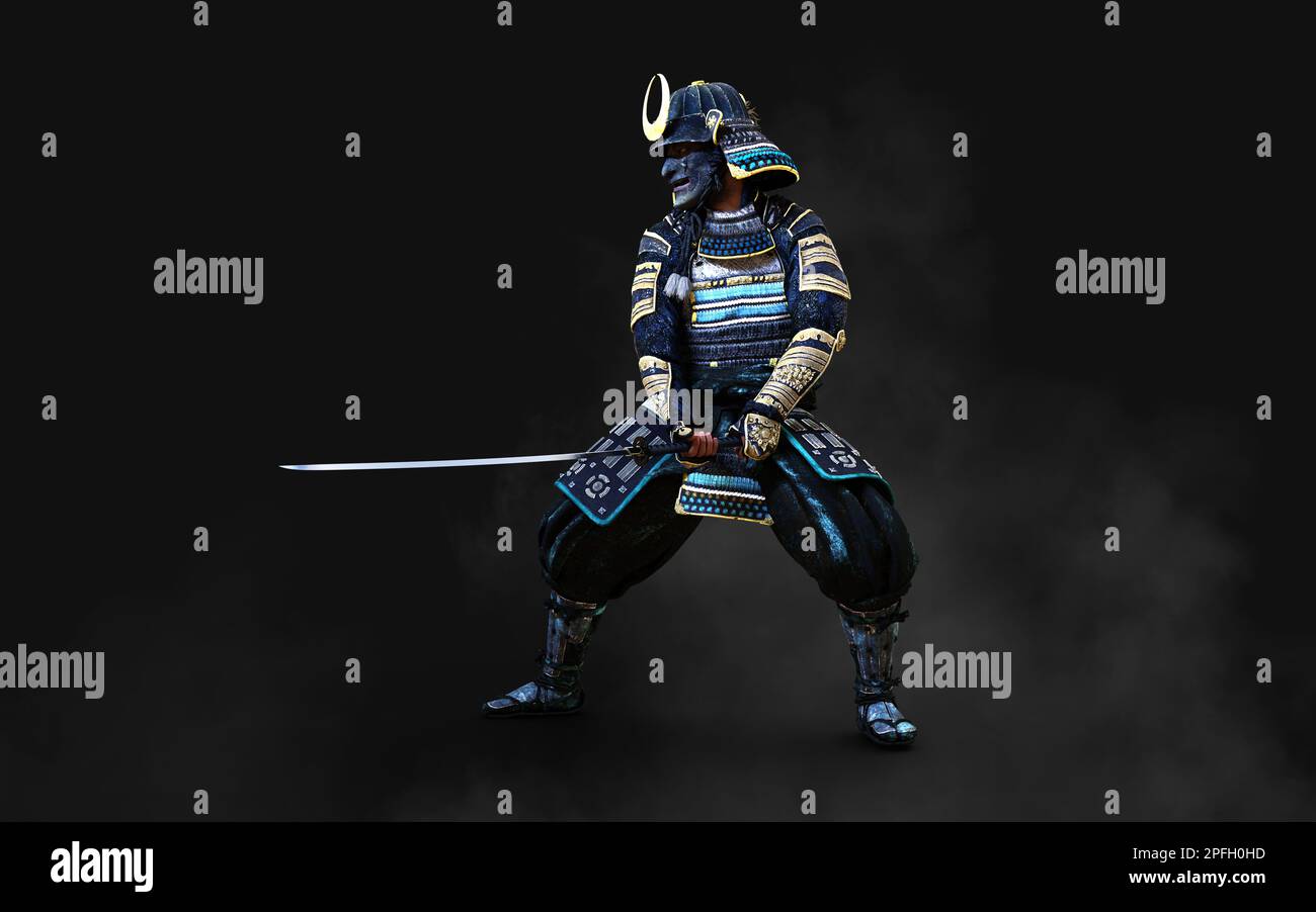 3d Illustration of a samurai wearing blue and green armor holding a ...