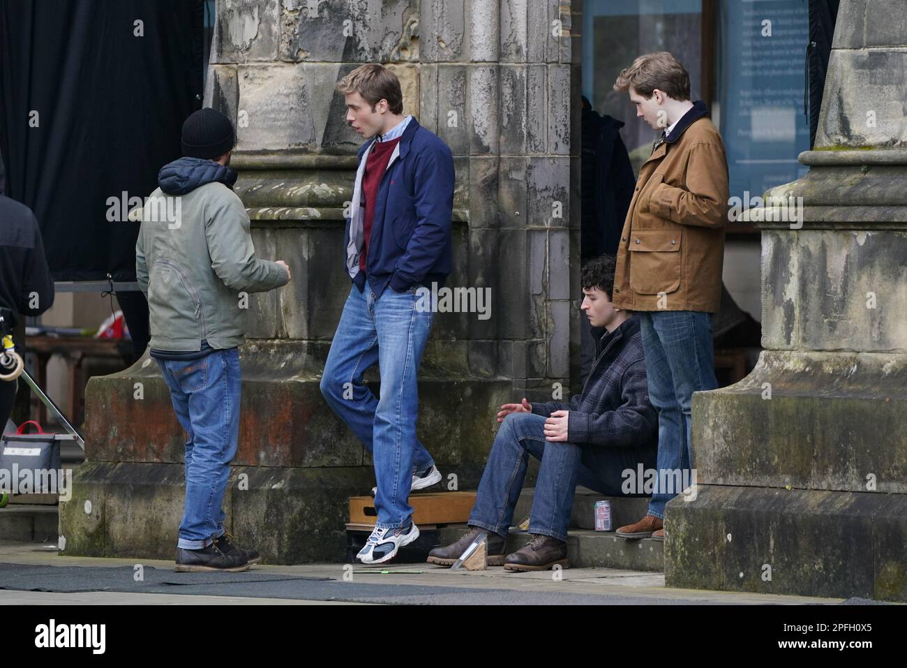 Actor Ed McVey, who plays the part of Prince William, filming scenes in St Andrews, Scotland for ...