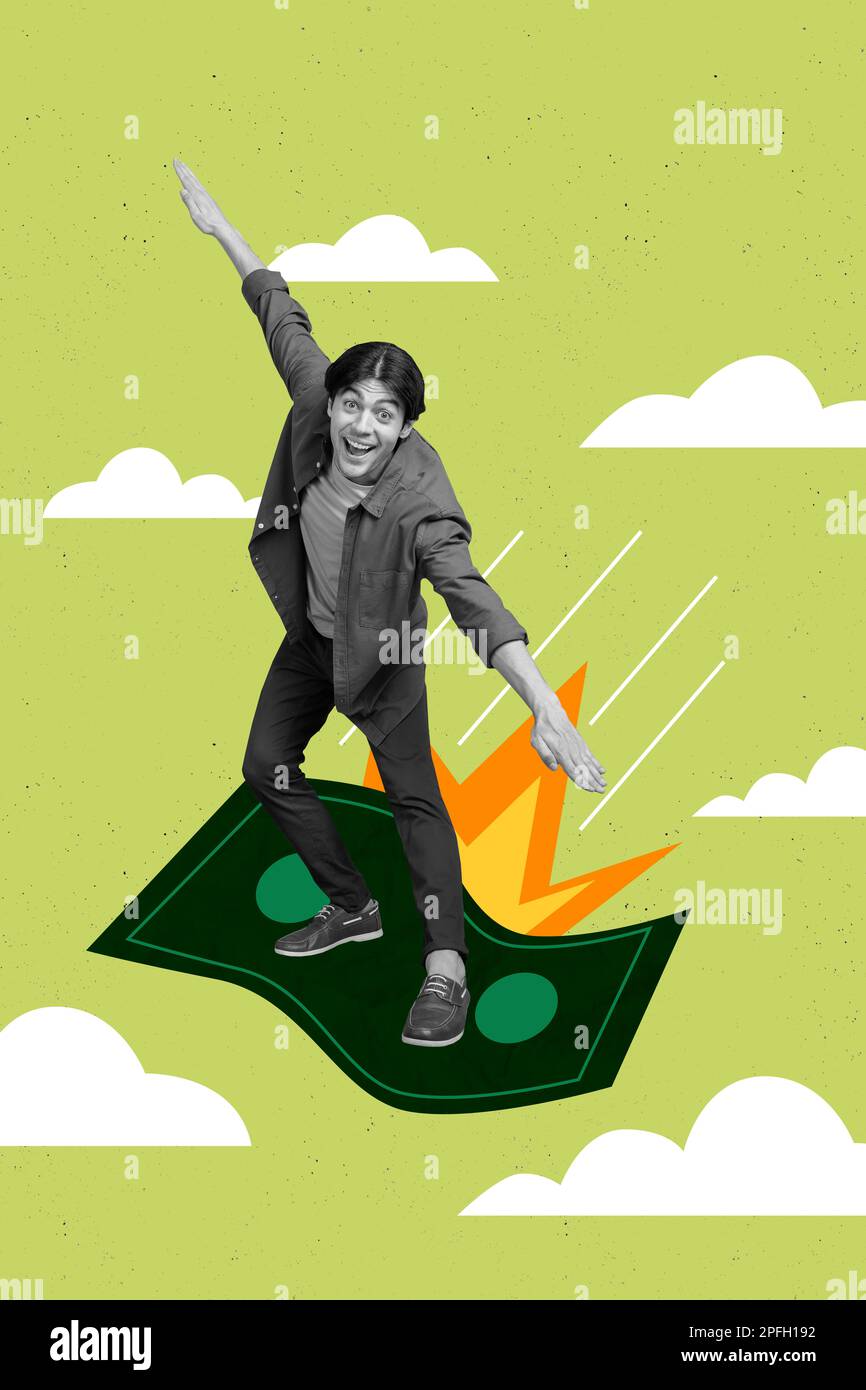 Vertical template collage of guy influencer flying hands wings rocket ...