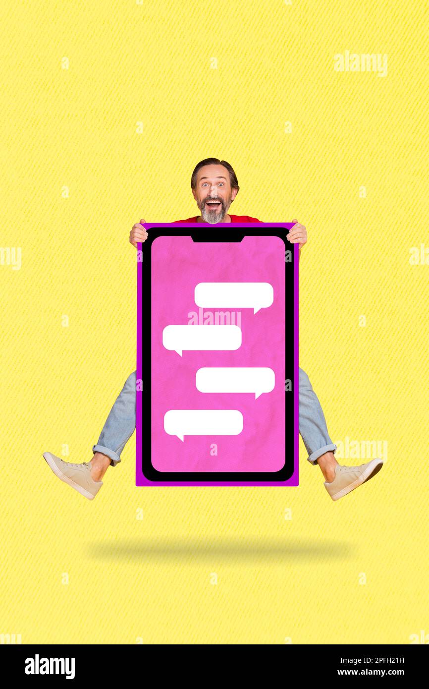 Vertical creative 3d photo collage of positive ecstatic funky guy hold ...