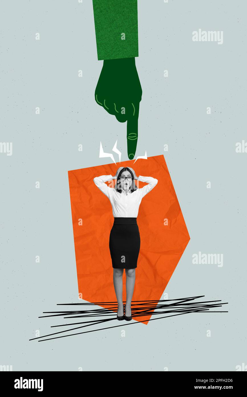 Vertical creative collage photo of big finger directing with blame at ...