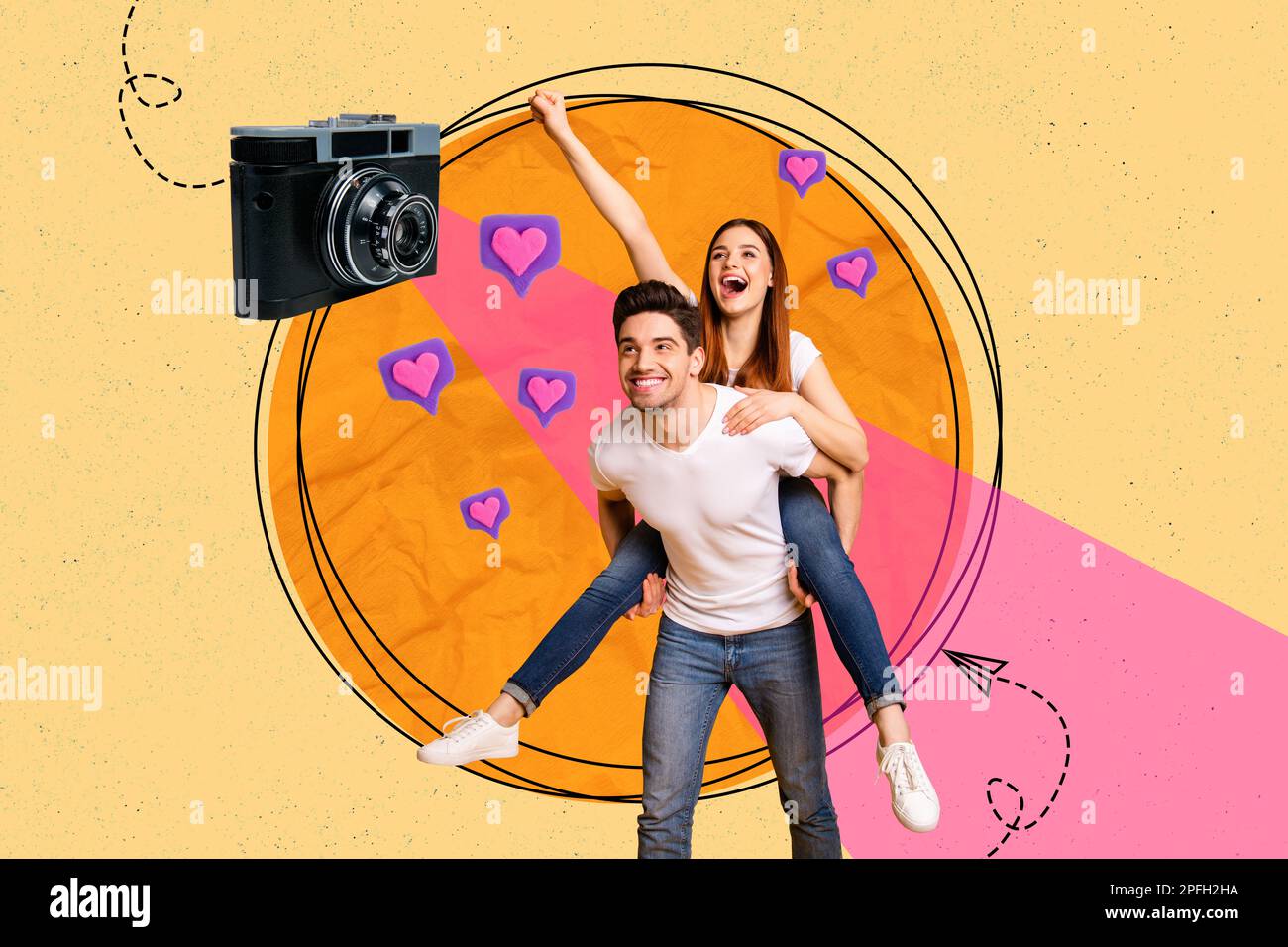 Creative photo collage artwork of optimistic satisfied couple guy girl ...