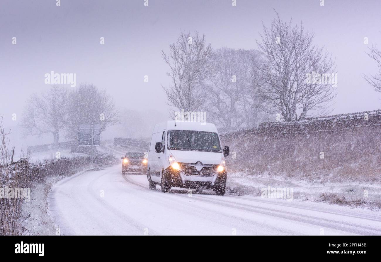Snow making driving conditions difficult on the A684 between Hawes and ...