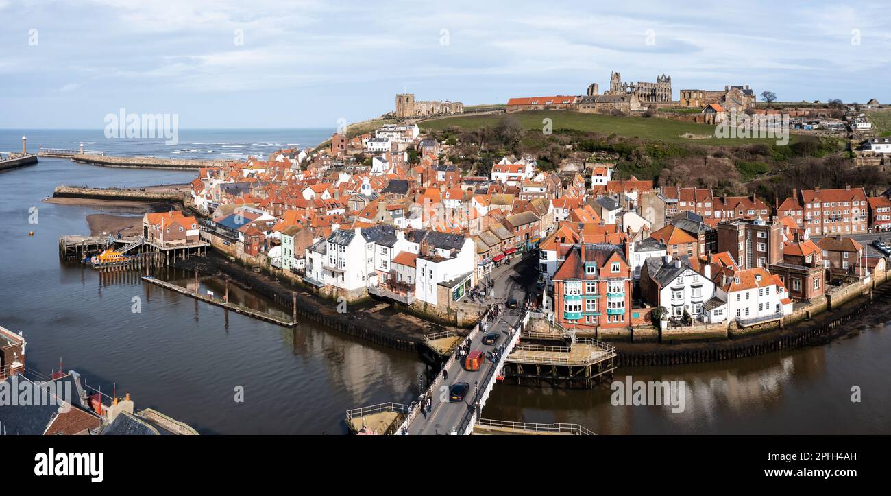 WHITBY, UK - MARCH 12, 2023. An aerial landscape of the harbour and ...