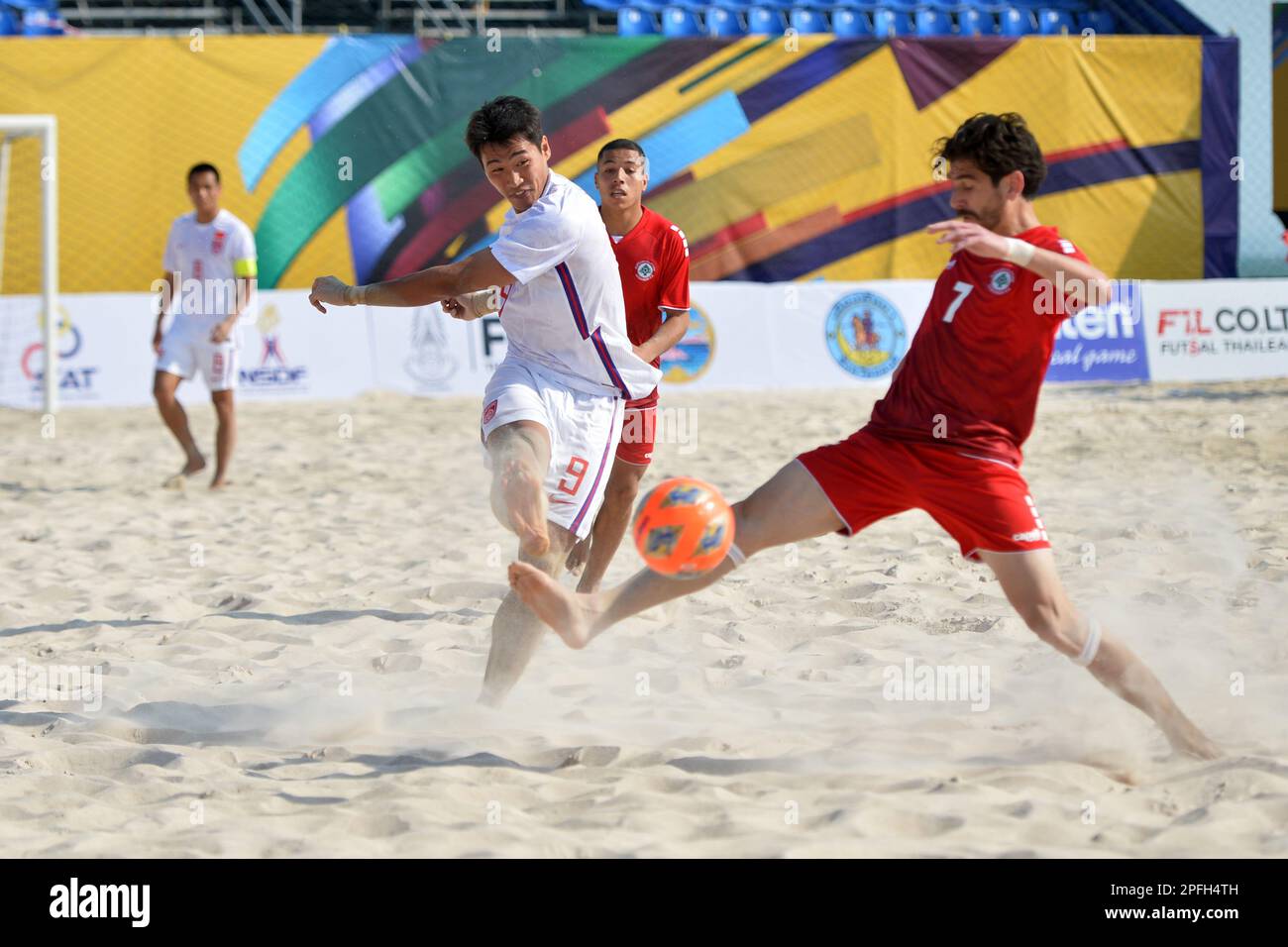 Pattaya, Thailand. 17th Mar, 2023. Liu Haoran (front L) of China shoots during the Group C match ...
