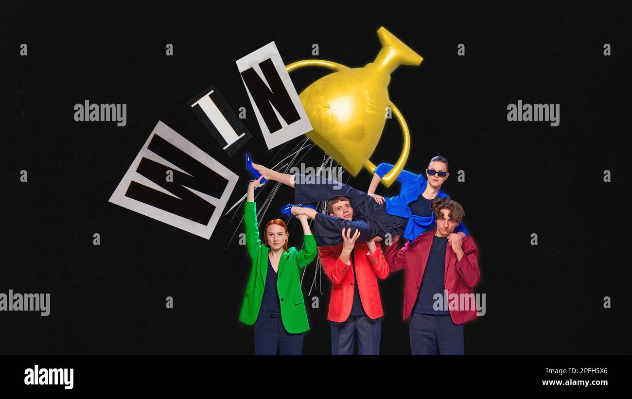 Contemporary art collage of team holding goblet overhead symbolizing ...