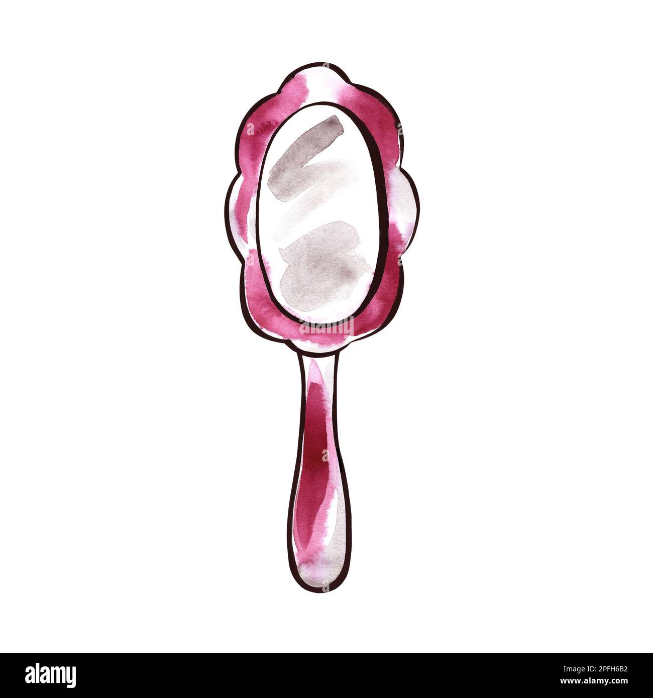 Beautiful pink mirror. Hand-drawn with contours, lines and watercolor ...