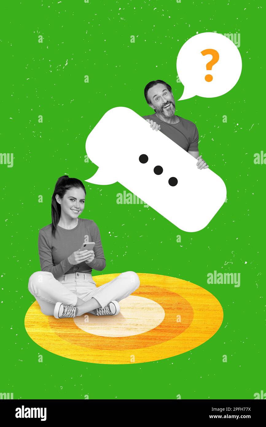 Collage creative template photo of young young girl texting chatbox her ...