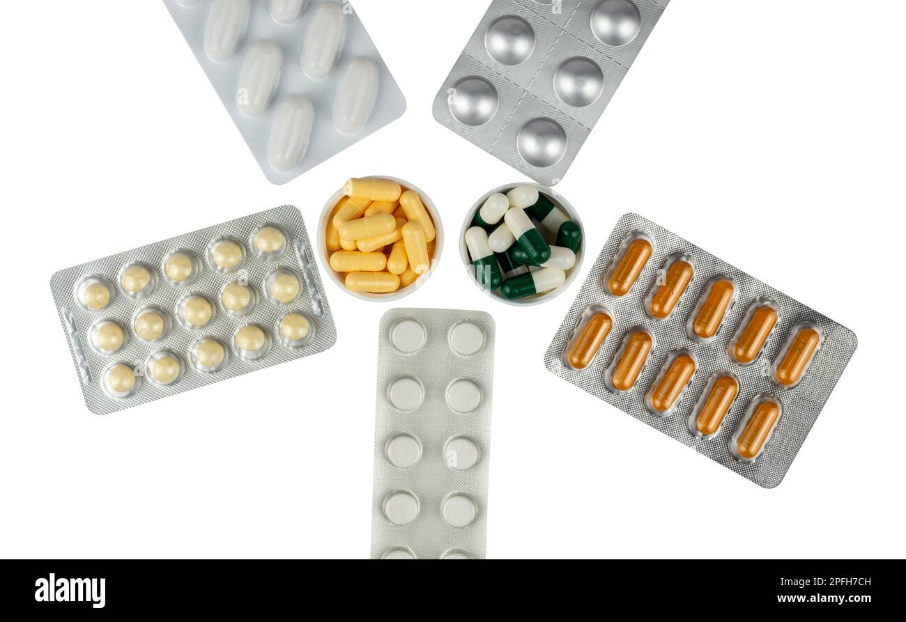 Set of different tablets, pills, tablets and capsules on white ...