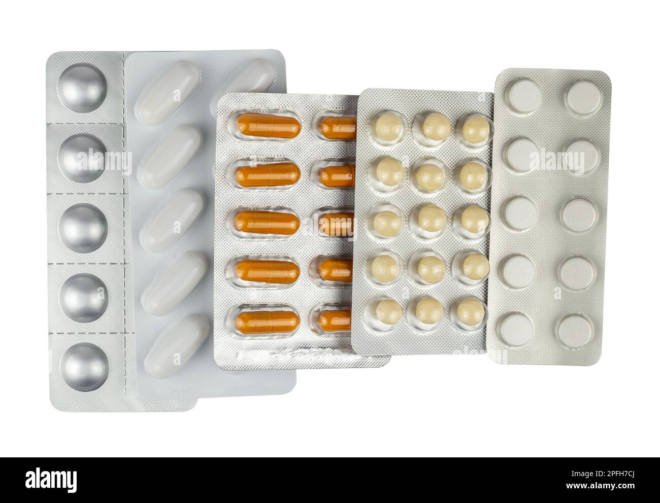 Set of different tablets, pills and capsules on white background Stock ...