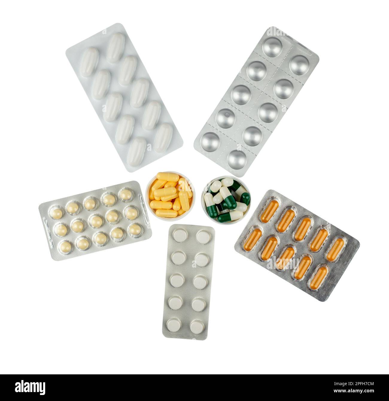 Set of different tablets, pills and capsules on white background Stock ...