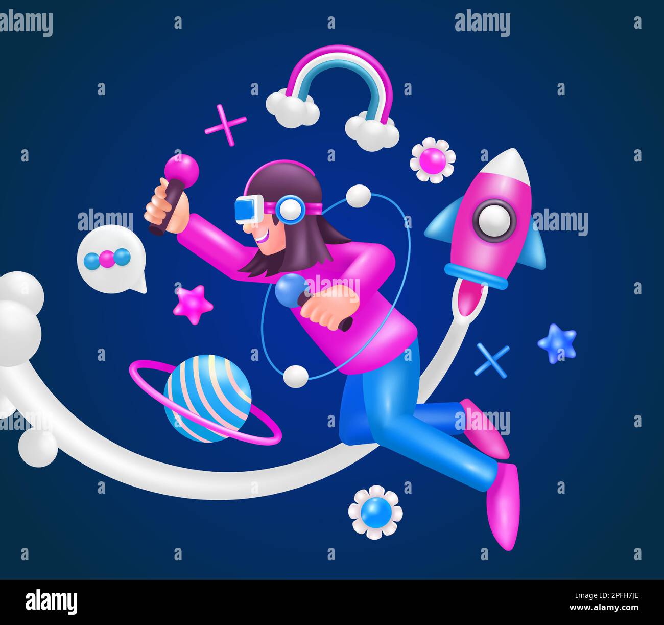 Virtual reality. 3d vector woman holding game console controller, with ...