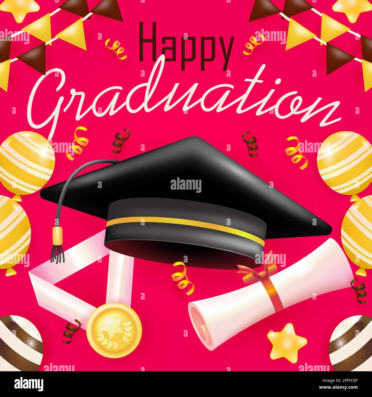 Happy Graduation 3d Vector Hats Certificates And Medals With Balloon Ornaments Stock Vector