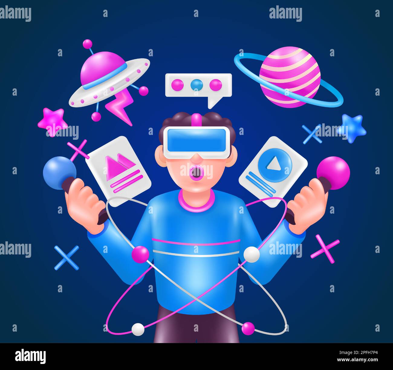 Virtual reality. 3d vector man holding a game console controller, with ...