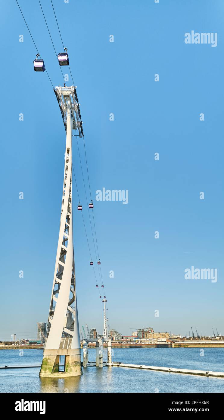Emirates air line cable car over the river Thames at Greenwich, London ...