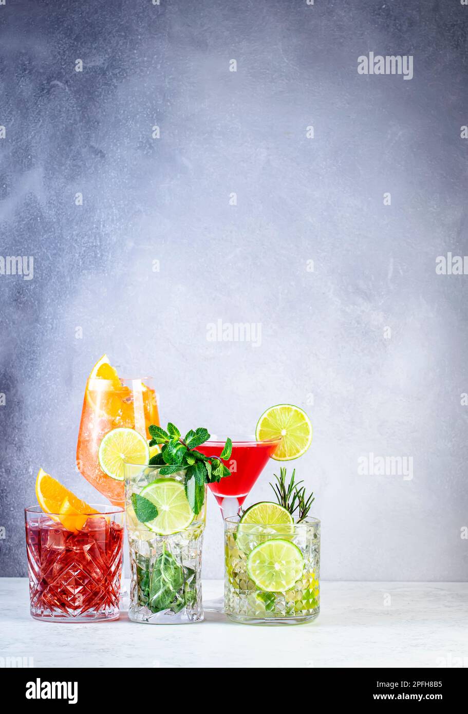 Popular trendy cocktails set: aperol spritz, negroni, mojito, gin tonic ...