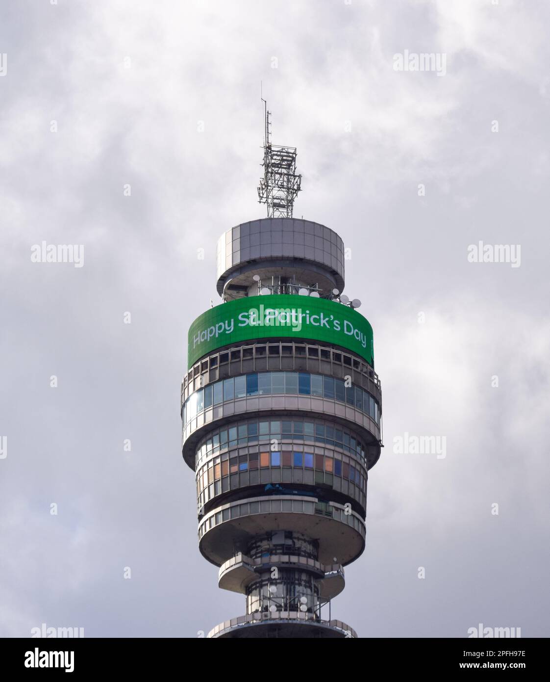 London, England, UK. 17th Mar, 2023. The BT Tower displays a Happy St ...