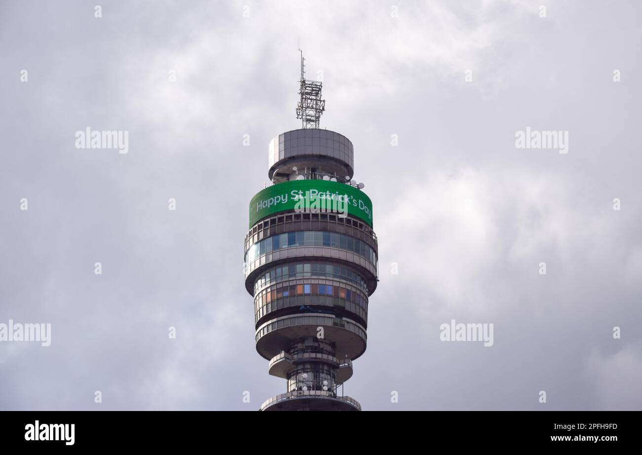 London, England, UK. 17th Mar, 2023. The BT Tower displays a Happy St ...