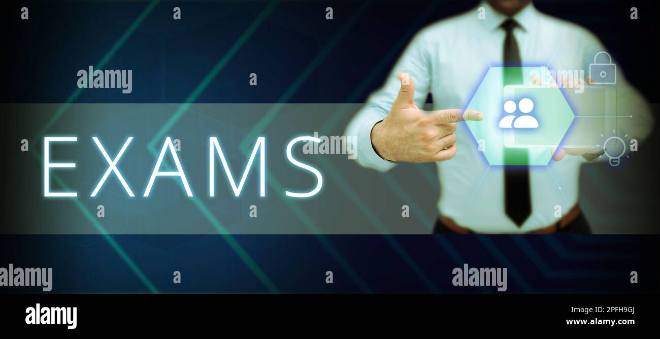 Hand writing sign Exams. Business showcase test of a specified kind to ...