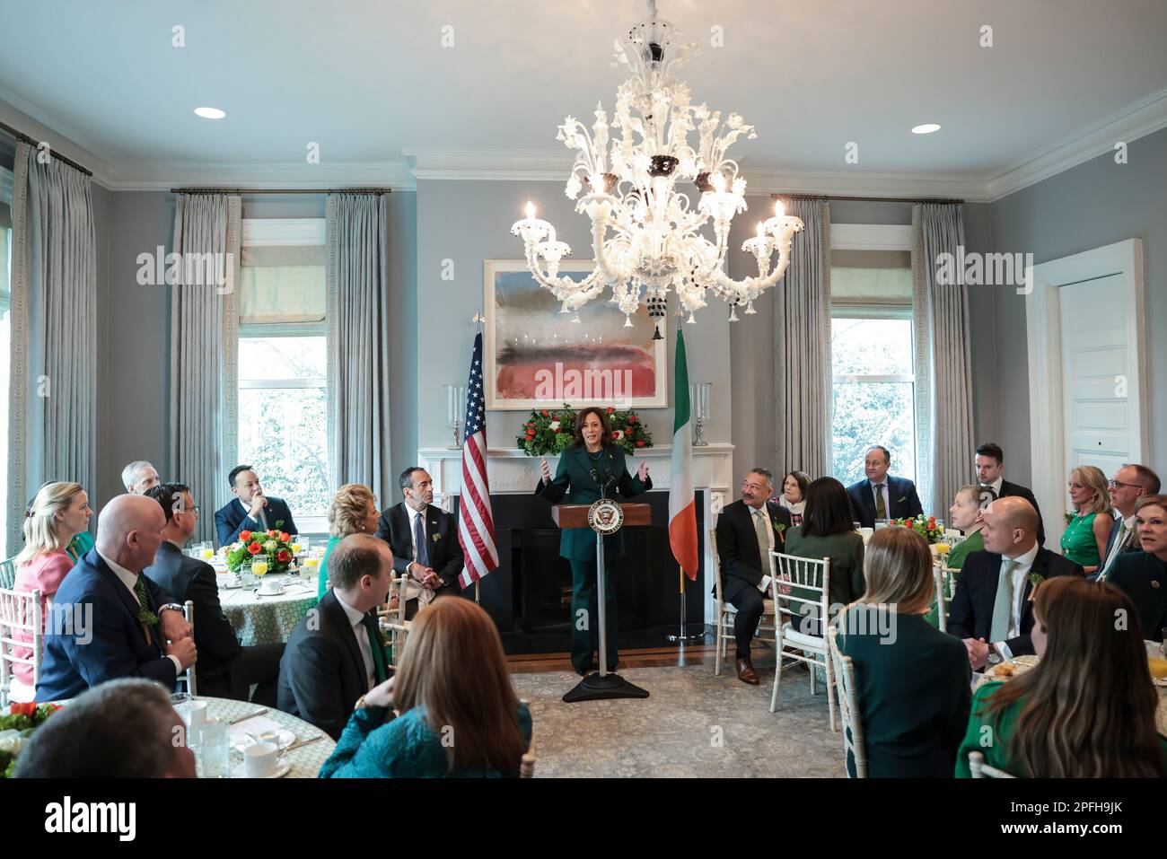 United States Vice President Kamala Harris (R) makes remarks as she ...