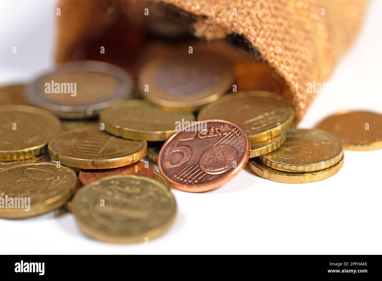 Cent coins, euros, change, in a jute bag Stock Photo - Alamy