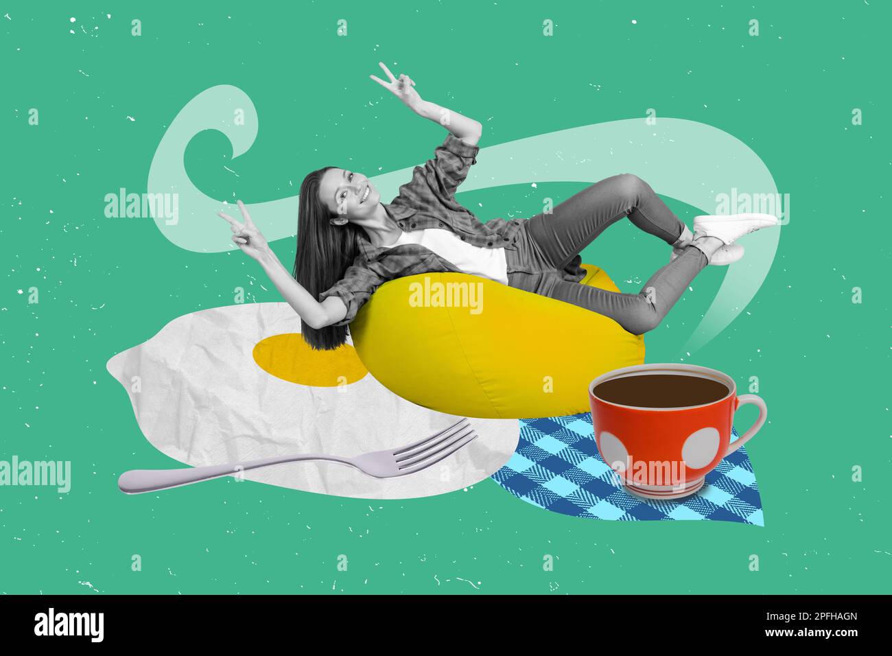 Minimal advert 3d collage photo of young positive girl v-sign sitting ...