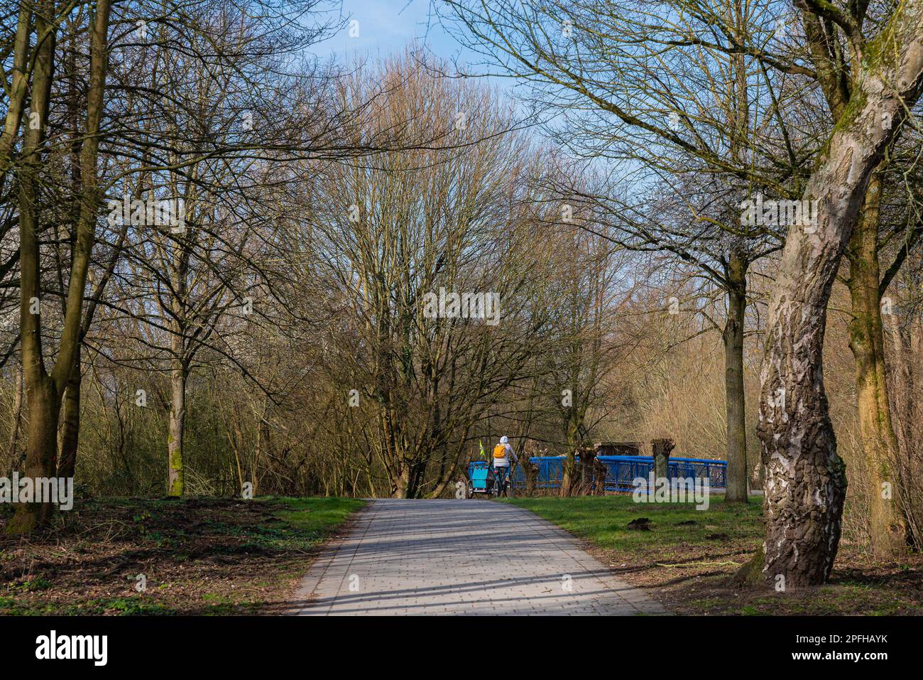 Walking path in the park. A woman on a bicycle with an attached baby ...
