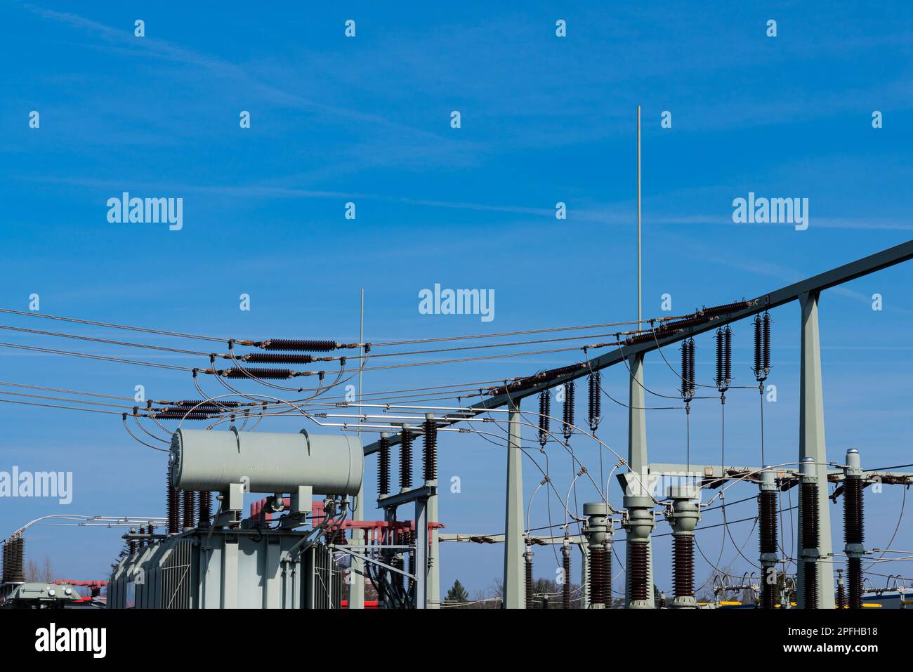 Three phase distribution transformer outdoor substation. Blue sky Stock ...