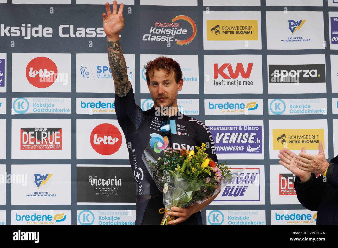 Australian Sam Welsford of Team DSM celebrates on the podium of the ...