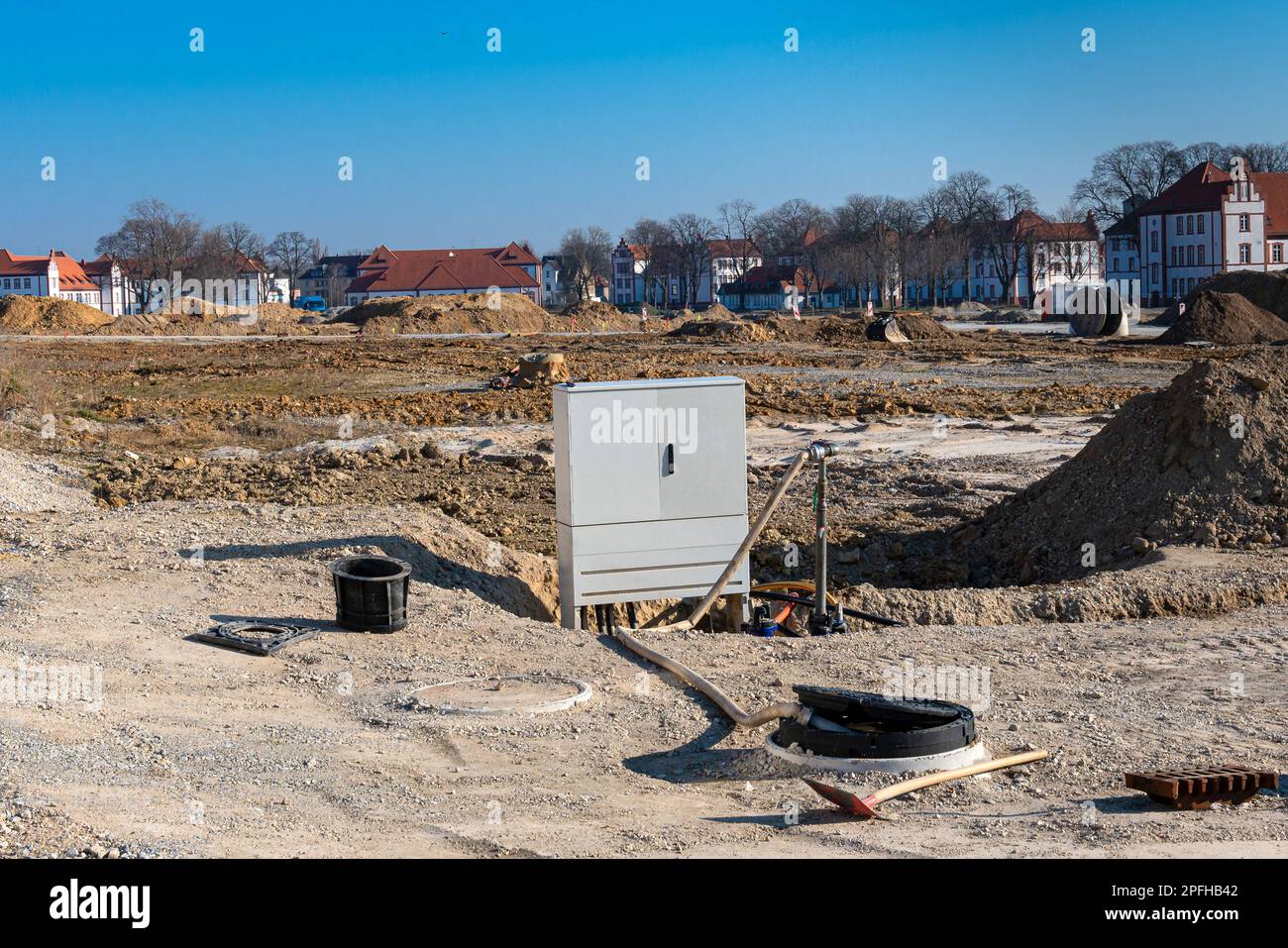 White distribution electric box at the construction site. In the ...