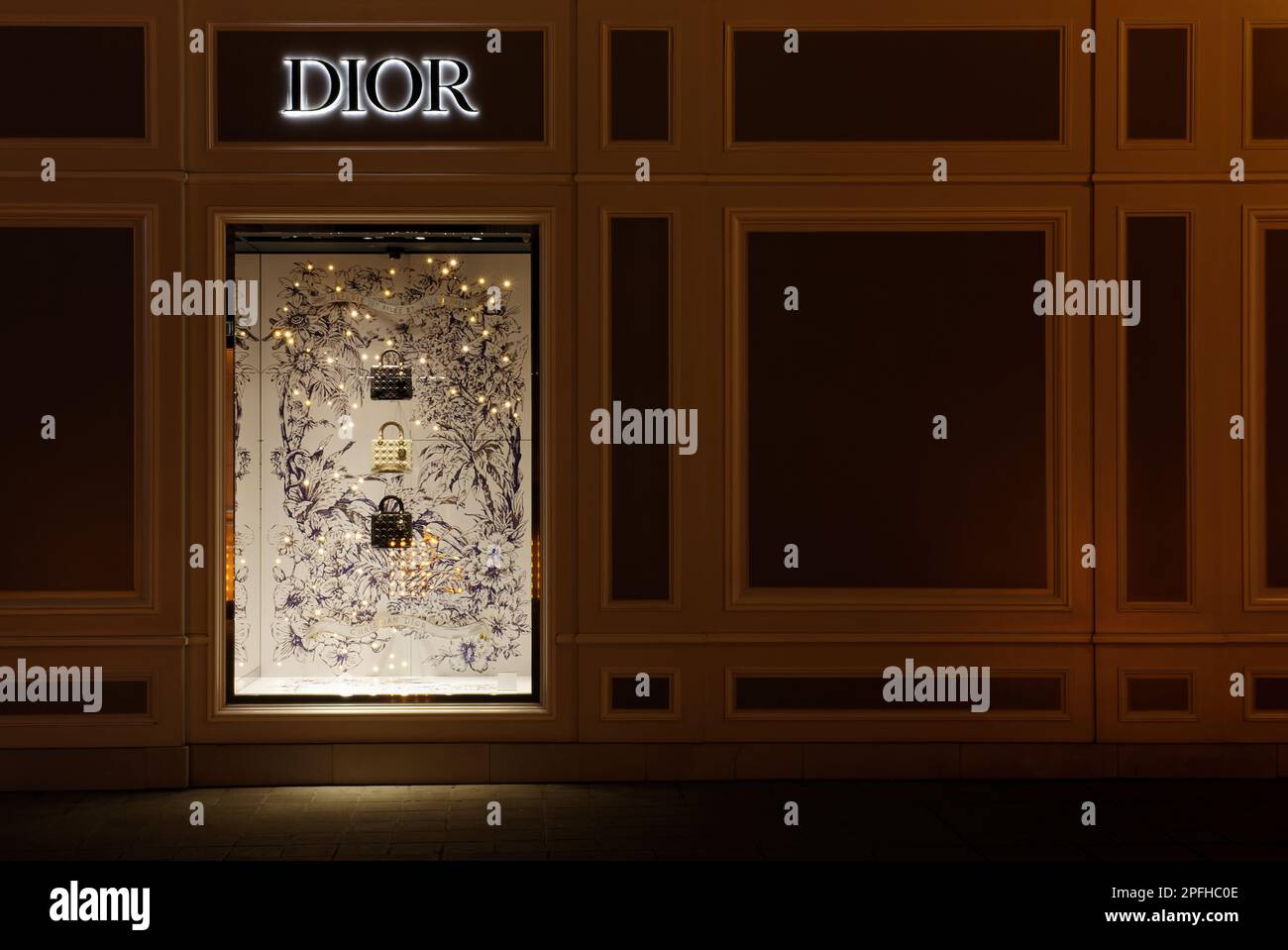 VIENNA, Austria - January 6, 2023: Night View of a shop window of Dior ...