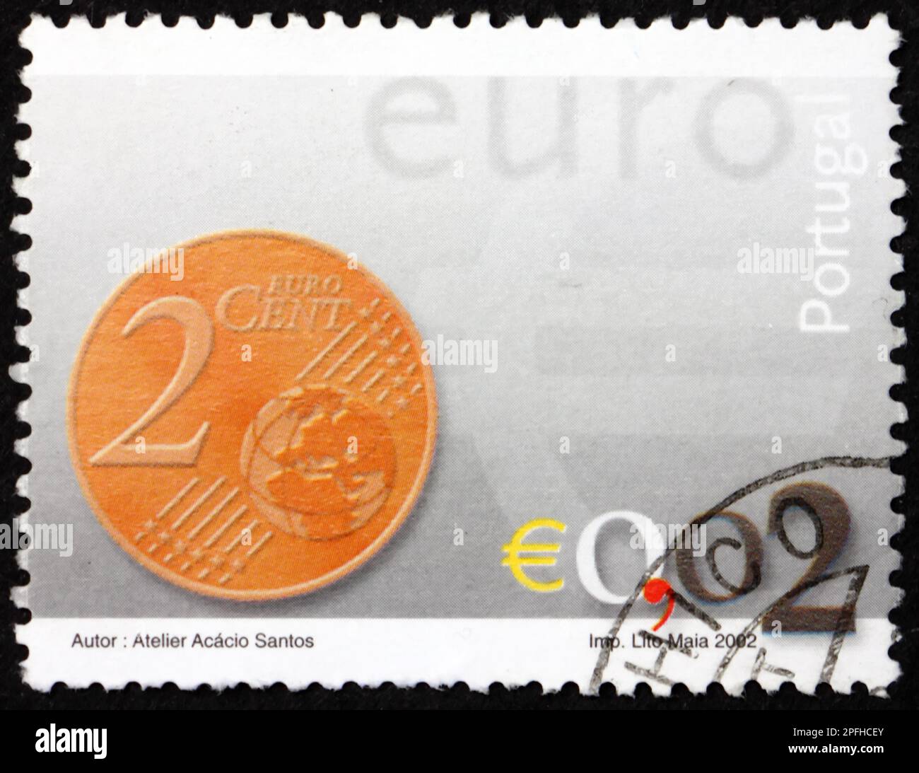 PORTUGAL - CIRCA 2002: a stamp printed in Portugal shows 2c coin ...