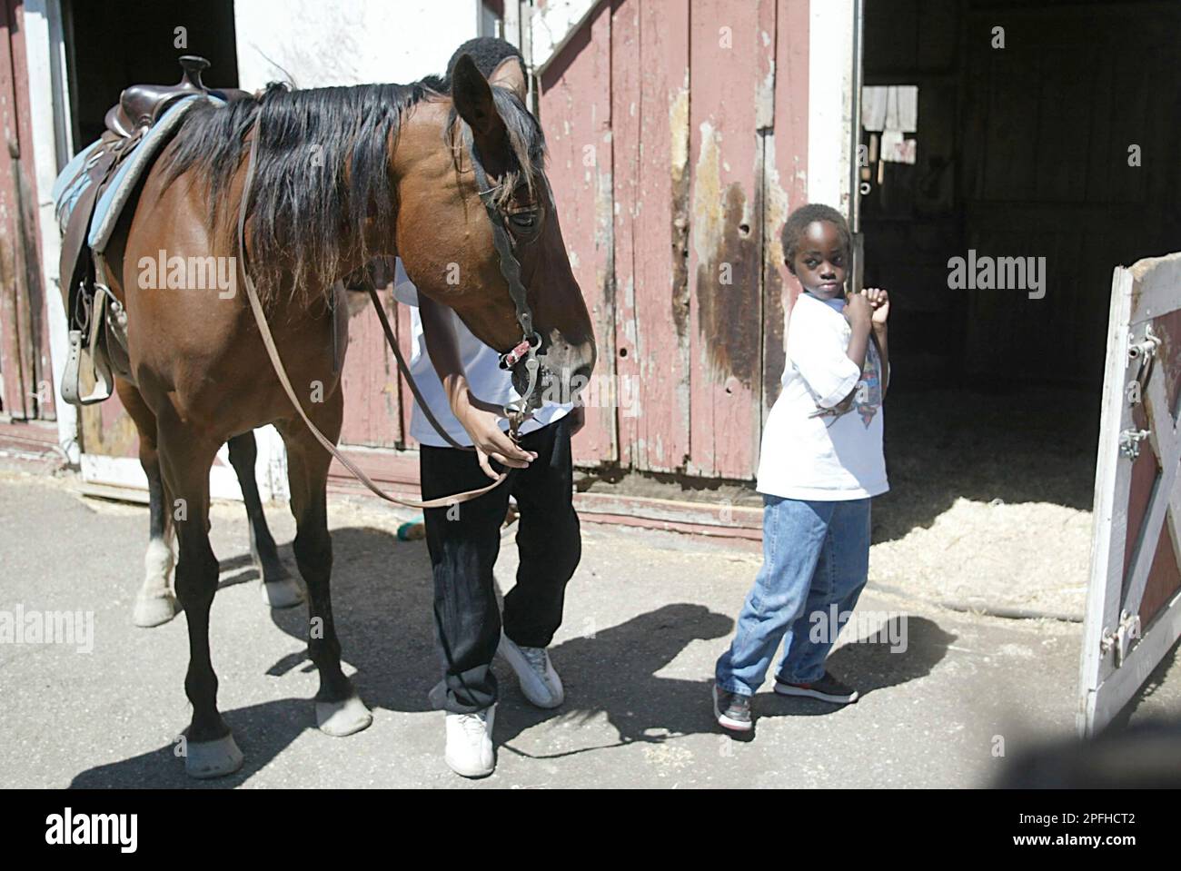 horsecamp003 ls.JPG Semaj Harris, 8, scurries away from Sierra while ...