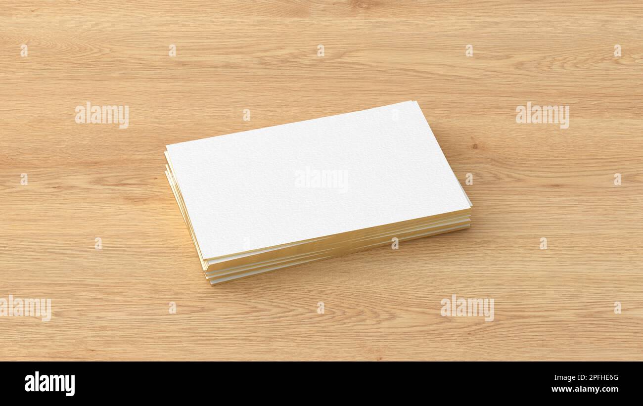 Business card with gold trim mockup. Stack of business cards on wooden ...