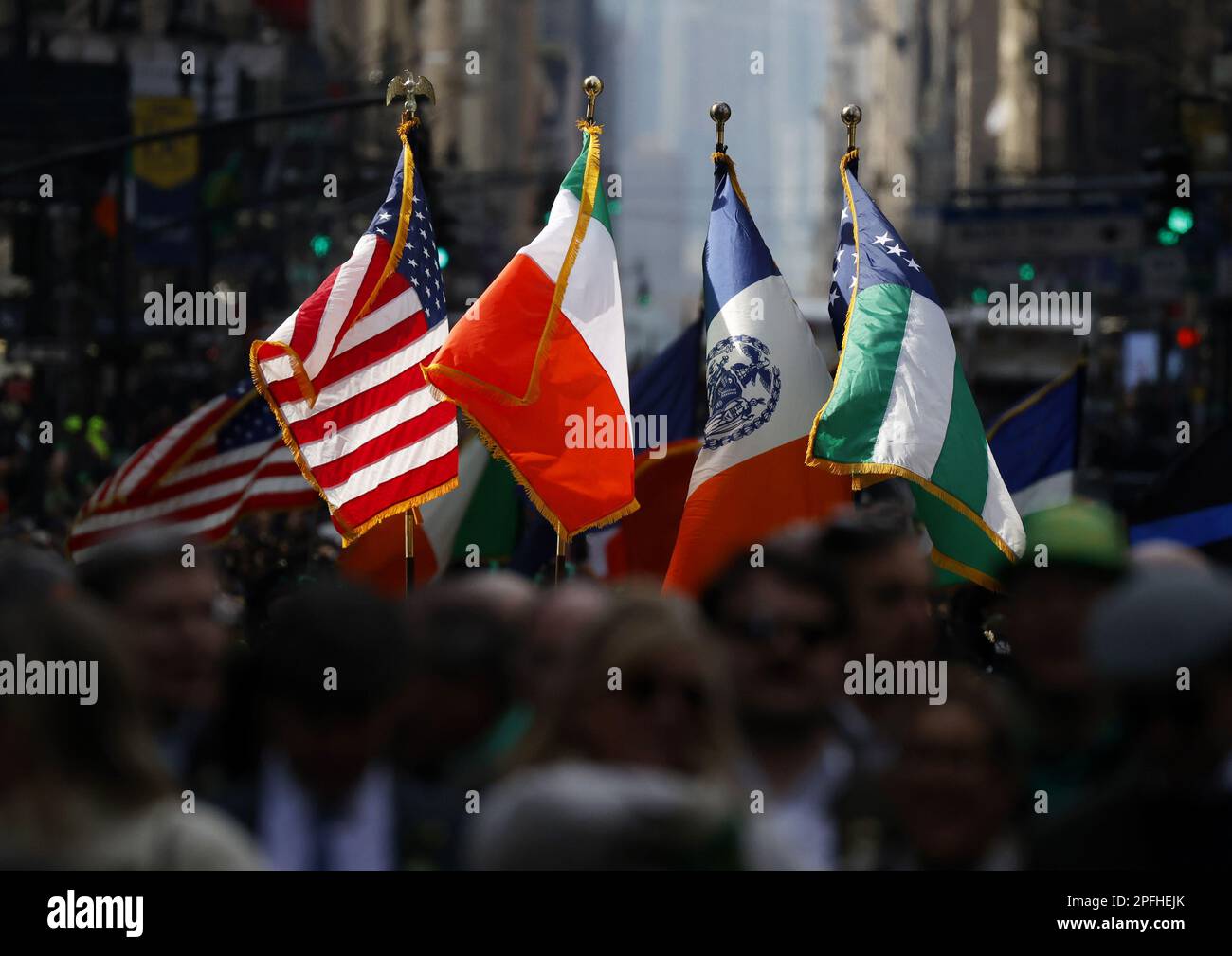 New York, United States. 17th Mar, 2023. Parade marchers move up Fifth ...