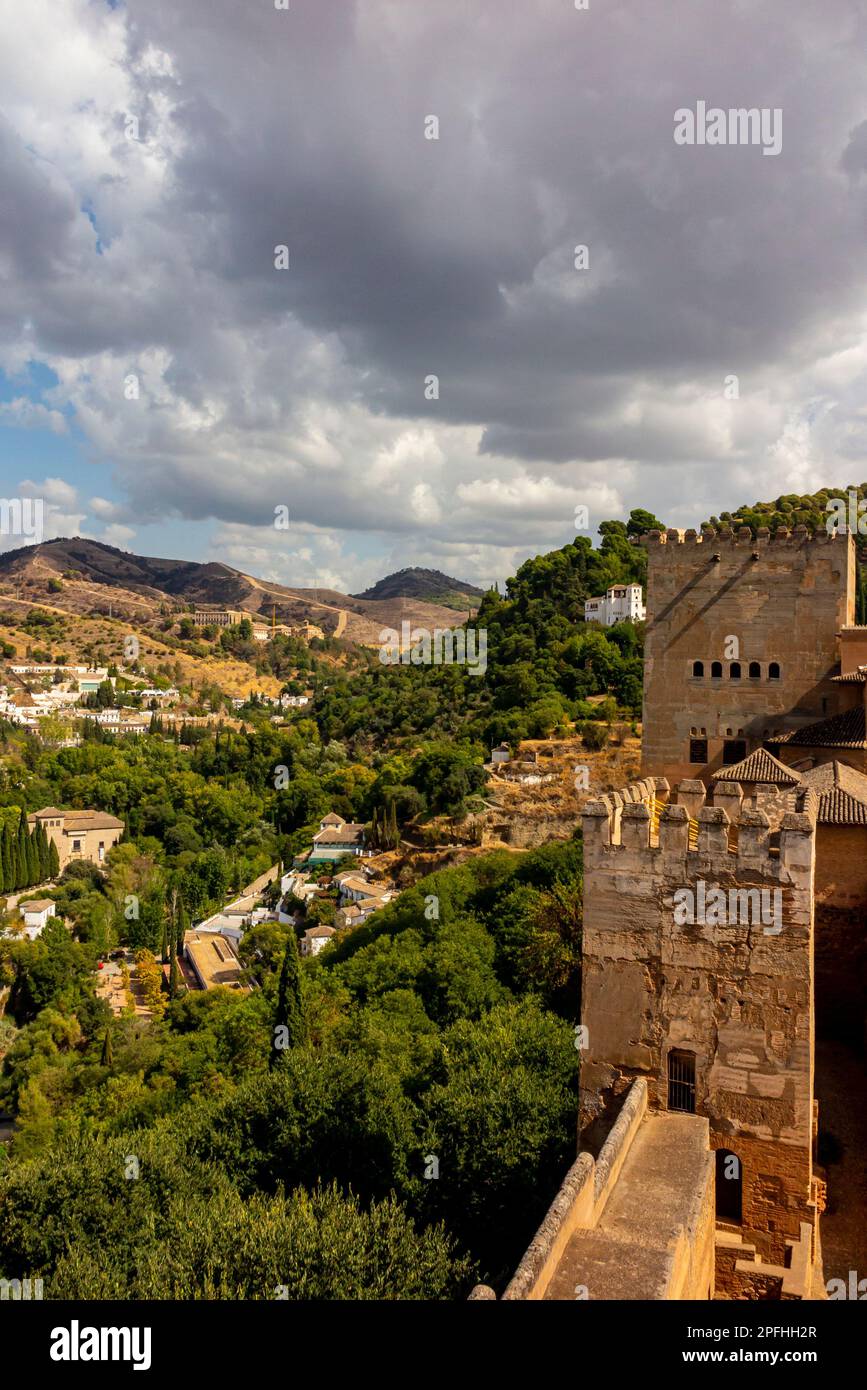 Moorish towers and walls at the Alhambra Palace in Granada Andalucia ...