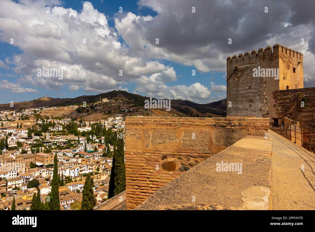 Moorish towers and walls at the Alhambra Palace in Granada Andalucia ...